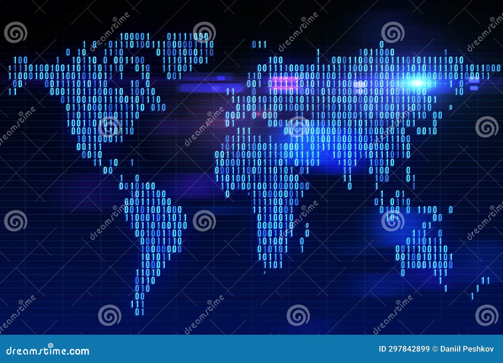 Abstract Glowing Digital Pixel Squares Map of the World with Spotlights ...