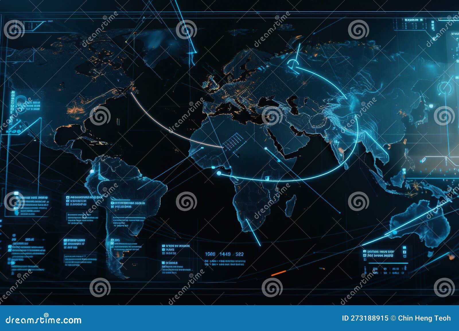 Abstract Glowing Digital World Map on Dark Blue Background. Technology ...