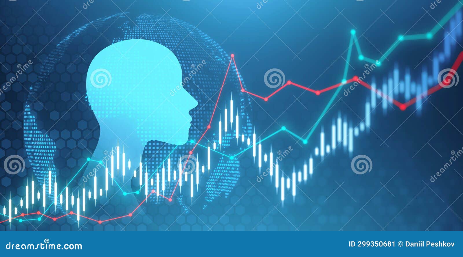 Abstract Glowing Forex Chart and Human Head Outline on Blue Backdrop ...