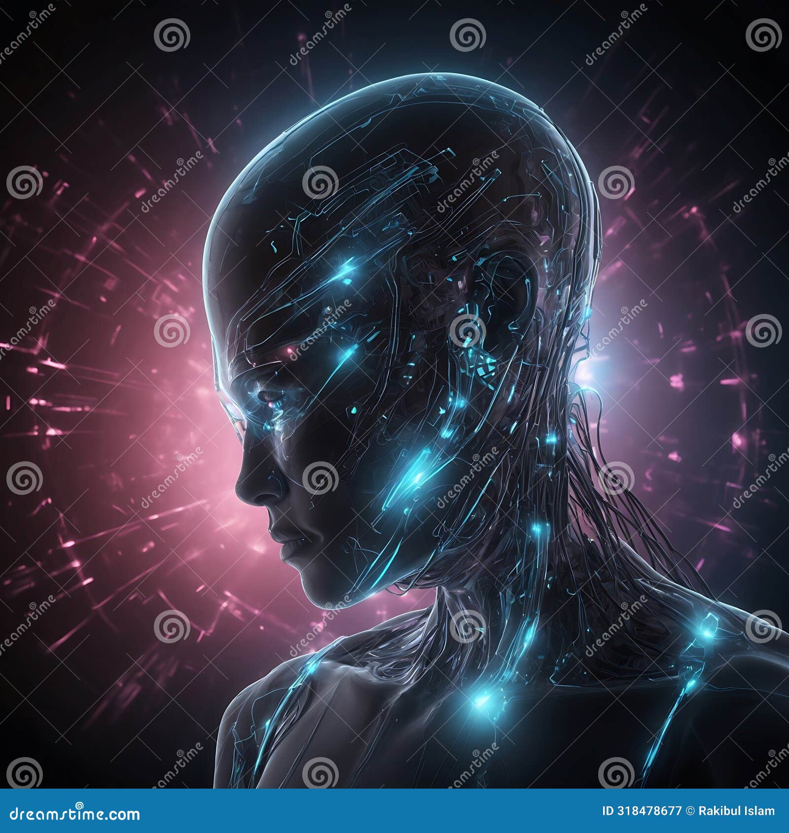 Abstract of Glowing Futuristic Human Cyber Interface Sky Blue Red Neon ...