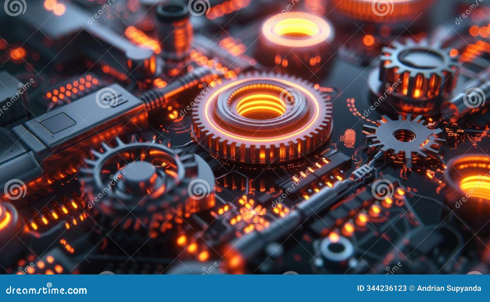 Two Glowing Gears Interlock And Spin Above Abstract Geometric Shapes ...