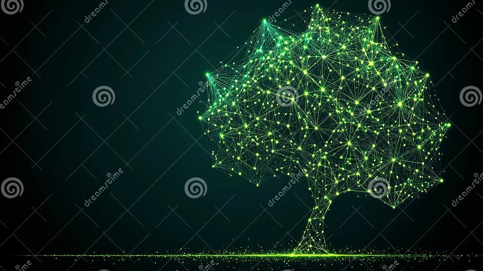 Abstract Glowing Green Tree with Network Connection. Environment ...