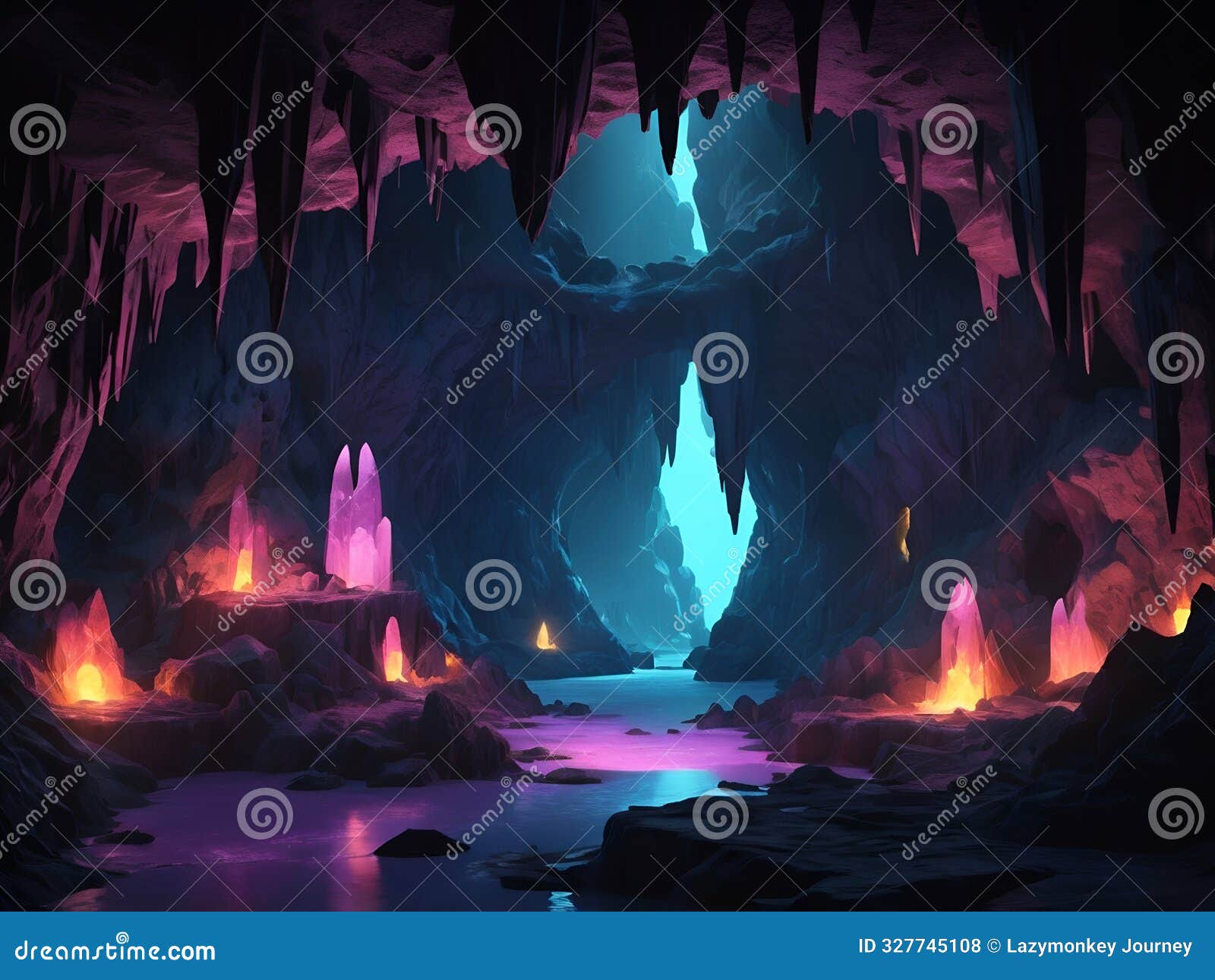 Abstract Glowing Light Inside Dark Fantasy Cave Illustration Stock ...