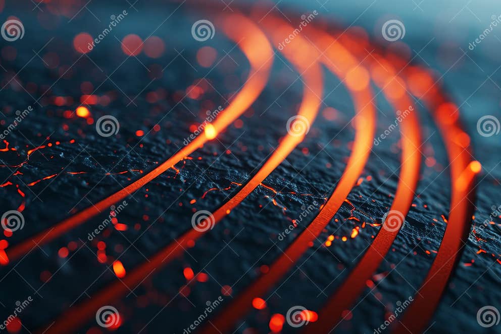 Abstract Glowing Lines on Dark Textured Surface with Red Ember Sparks ...