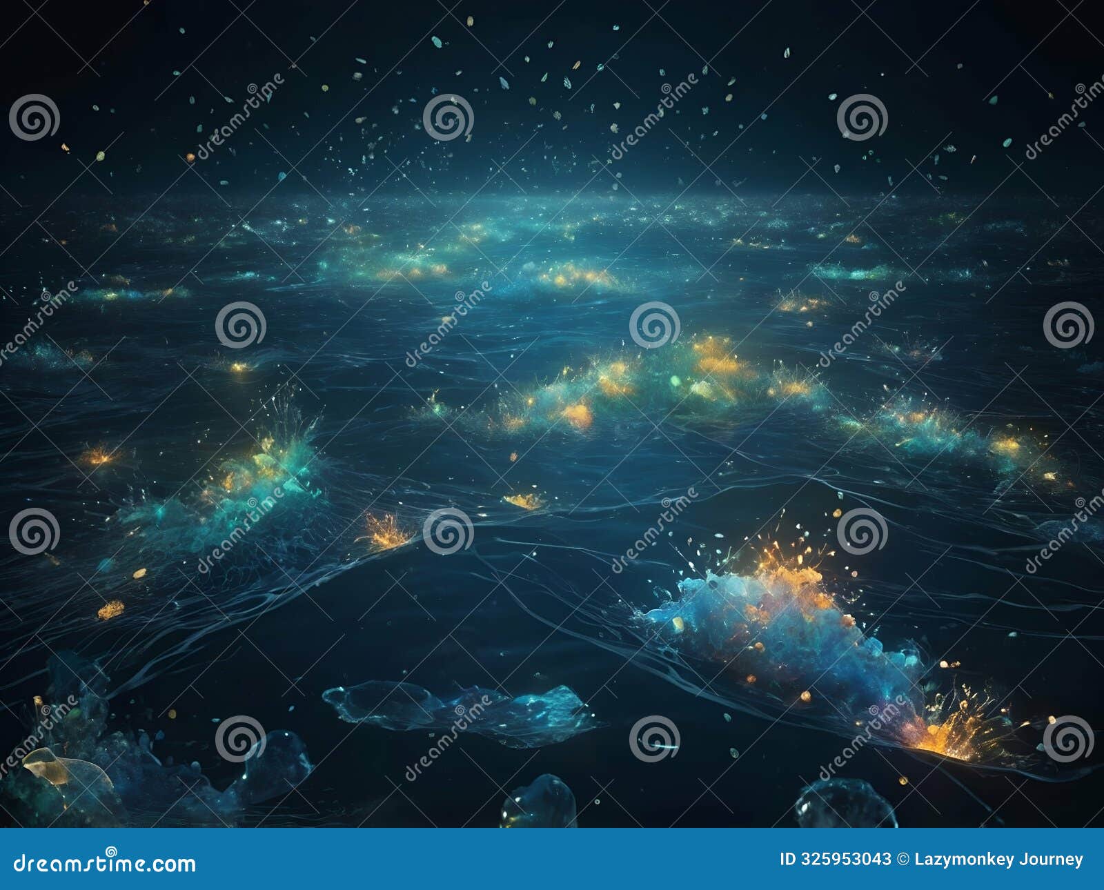 Abstract Glowing Microplastic Particles Float in Ocean, Water Pollution ...