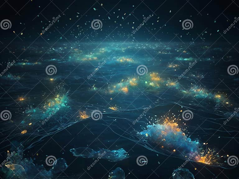 Abstract Glowing Microplastic Particles Float in Ocean, Water Pollution ...