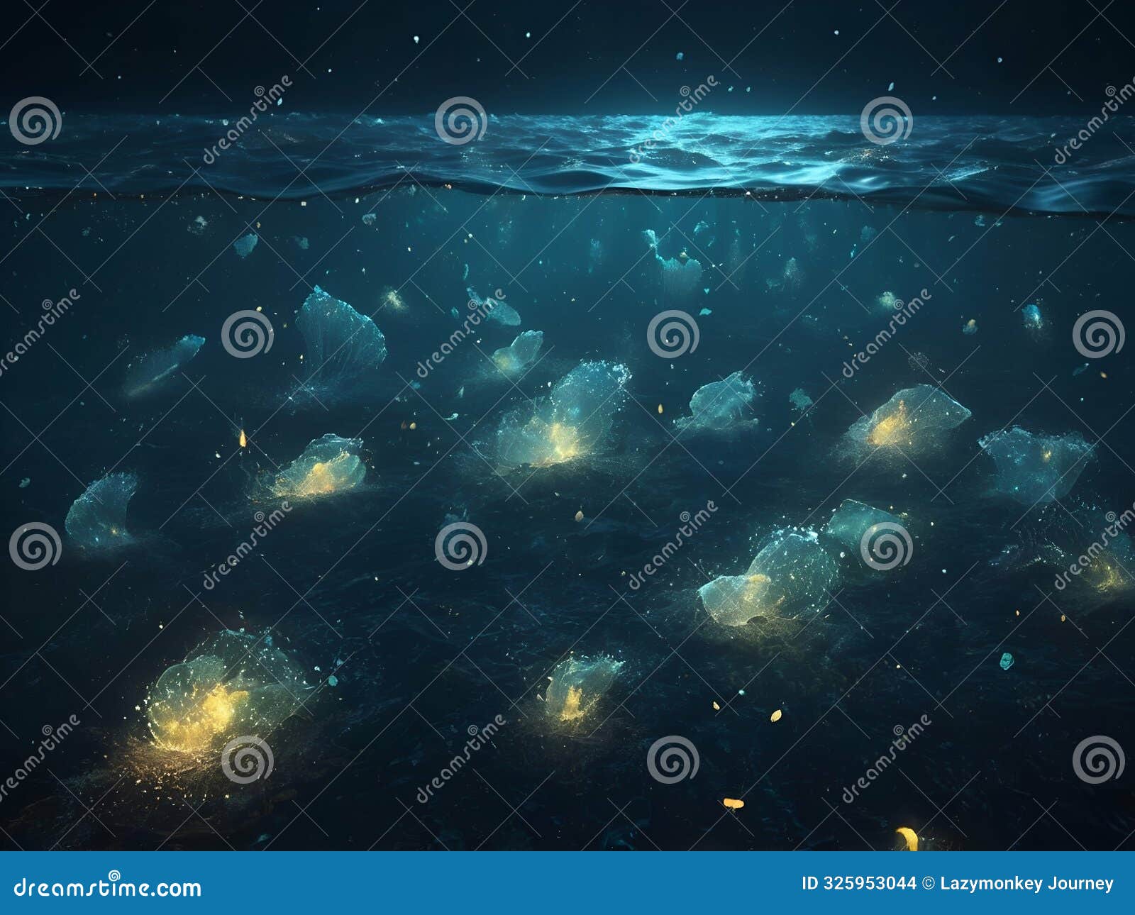 Abstract Glowing Microplastic Particles Float in the Ocean, Water ...