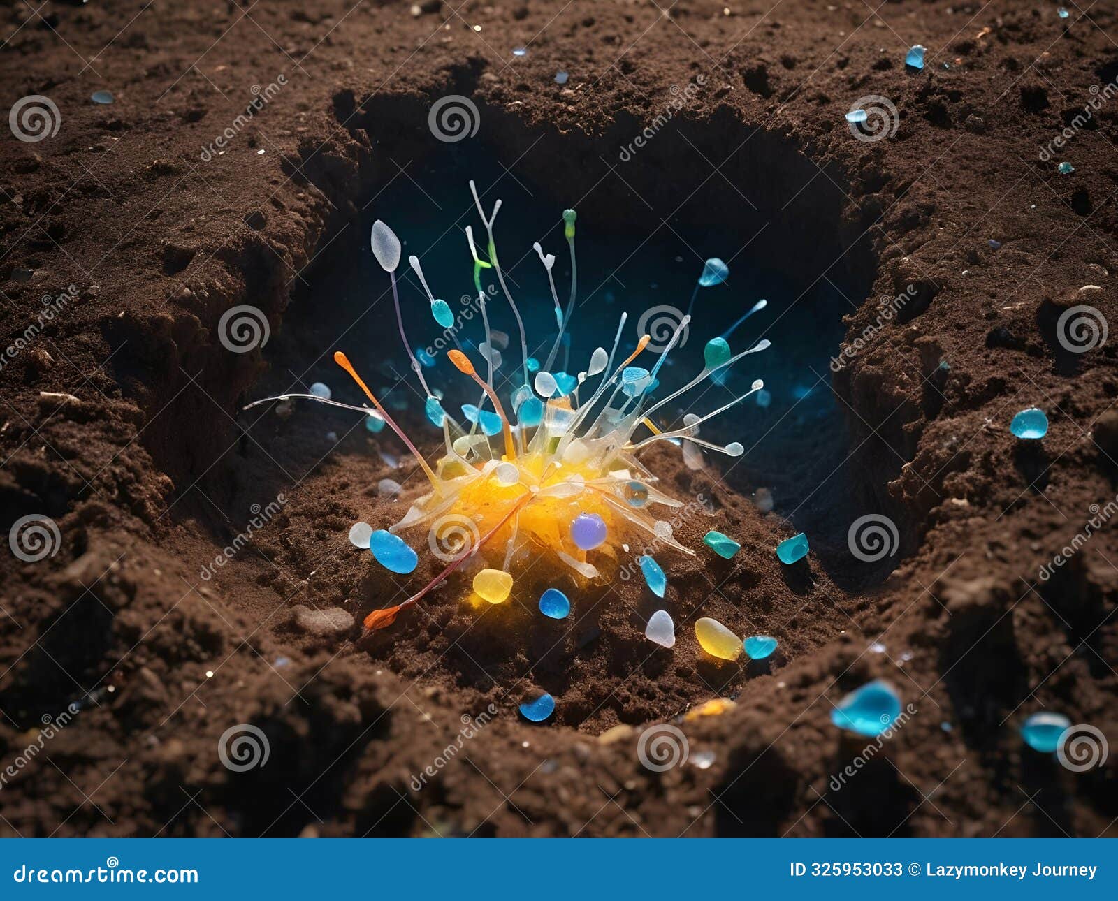 Abstract Glowing Microplastics Inside The Soil. Concept Of Global ...