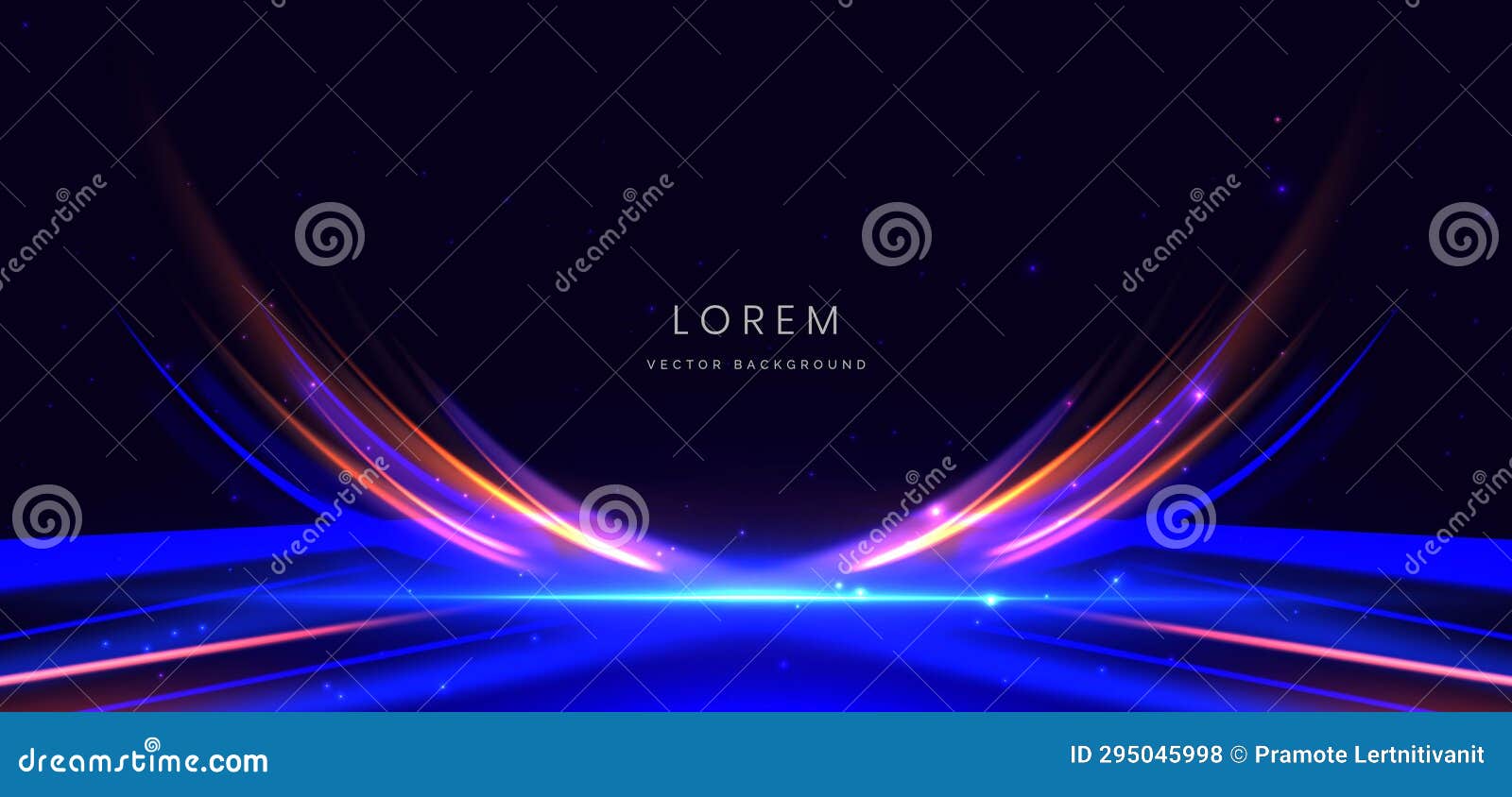 Abstract Glowing Neon Blue and Gold Light Ray Curved on Dark Blue ...