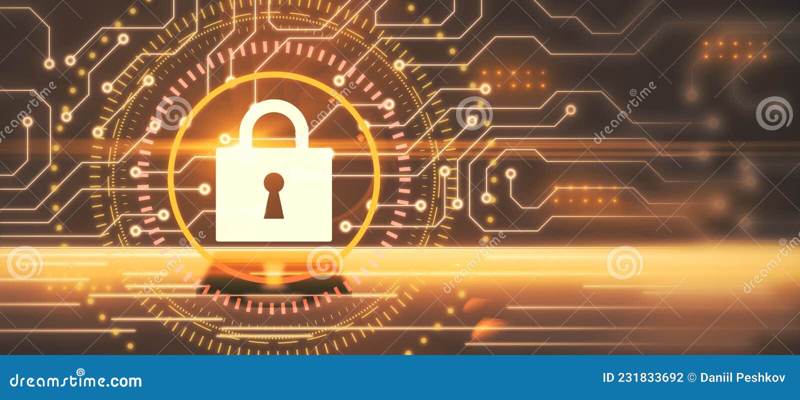 Abstract Glowing Padlock Interface on Orange Background with Wide Mock ...