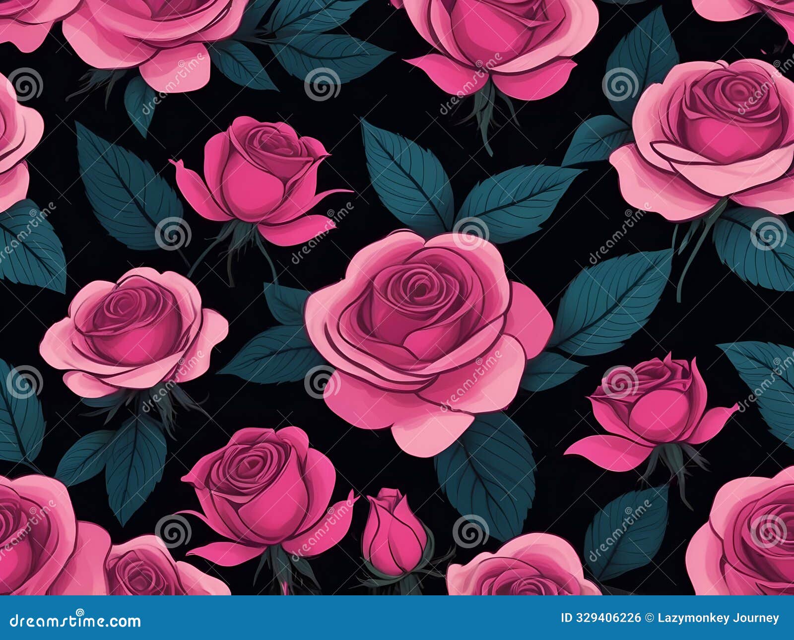 Abstract Glowing Pink Pattern with Roses in Doodle Style. Hand Painted ...