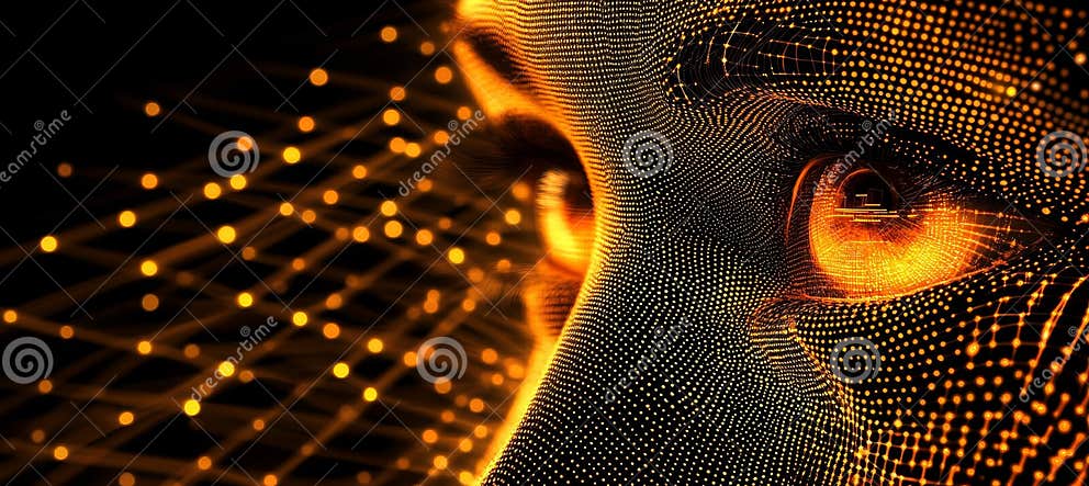 Abstract Glowing Polygonal Face and Connecting Dots on Black Background ...