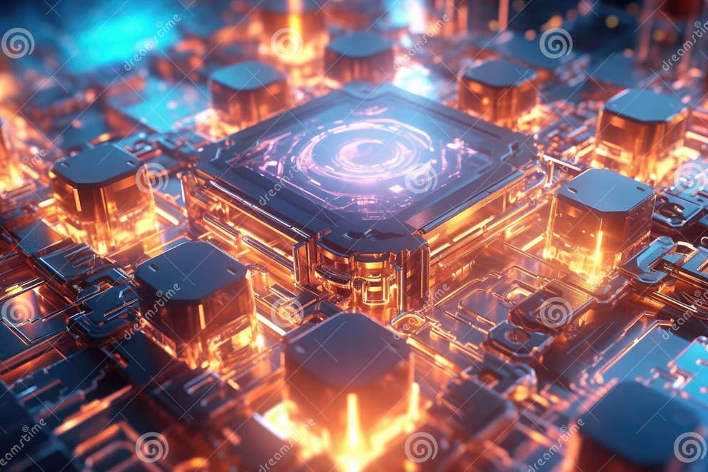 Abstract Glowing Quantum Core Circuitry Close-up Stock Illustration ...