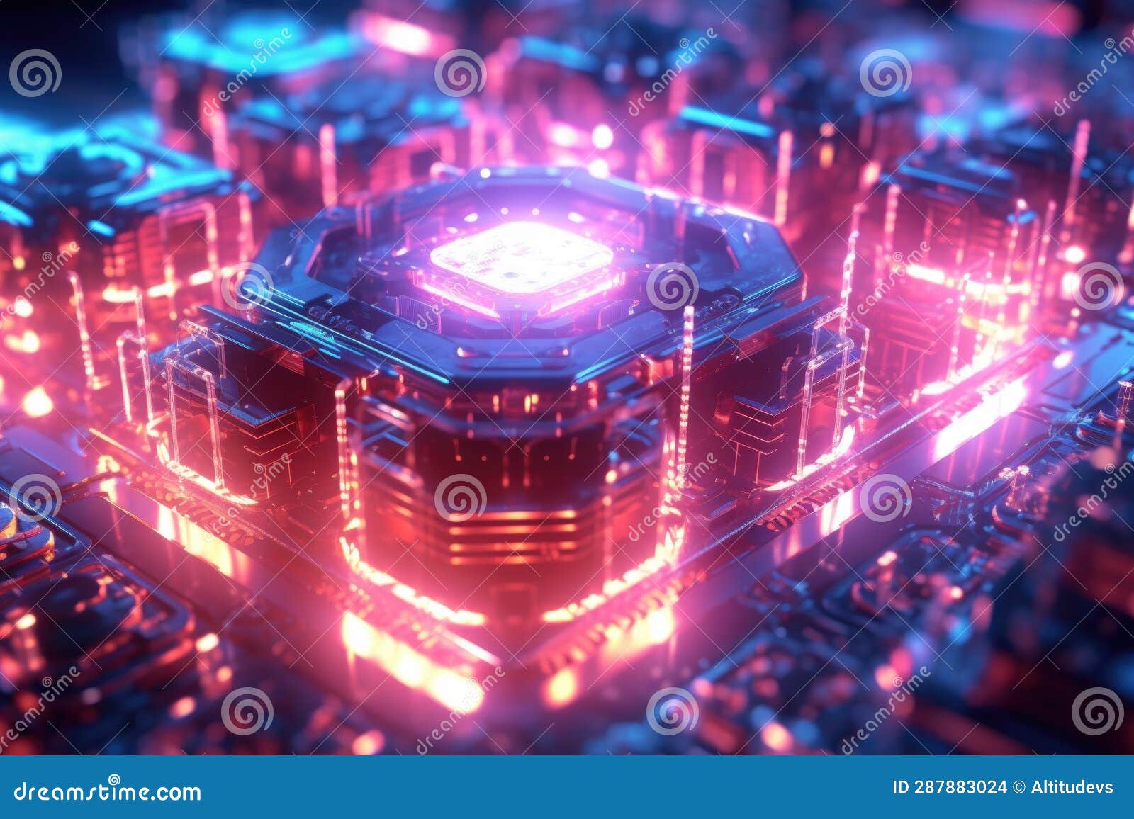 Abstract Glowing Quantum Core Circuitry Close-up Stock Illustration ...