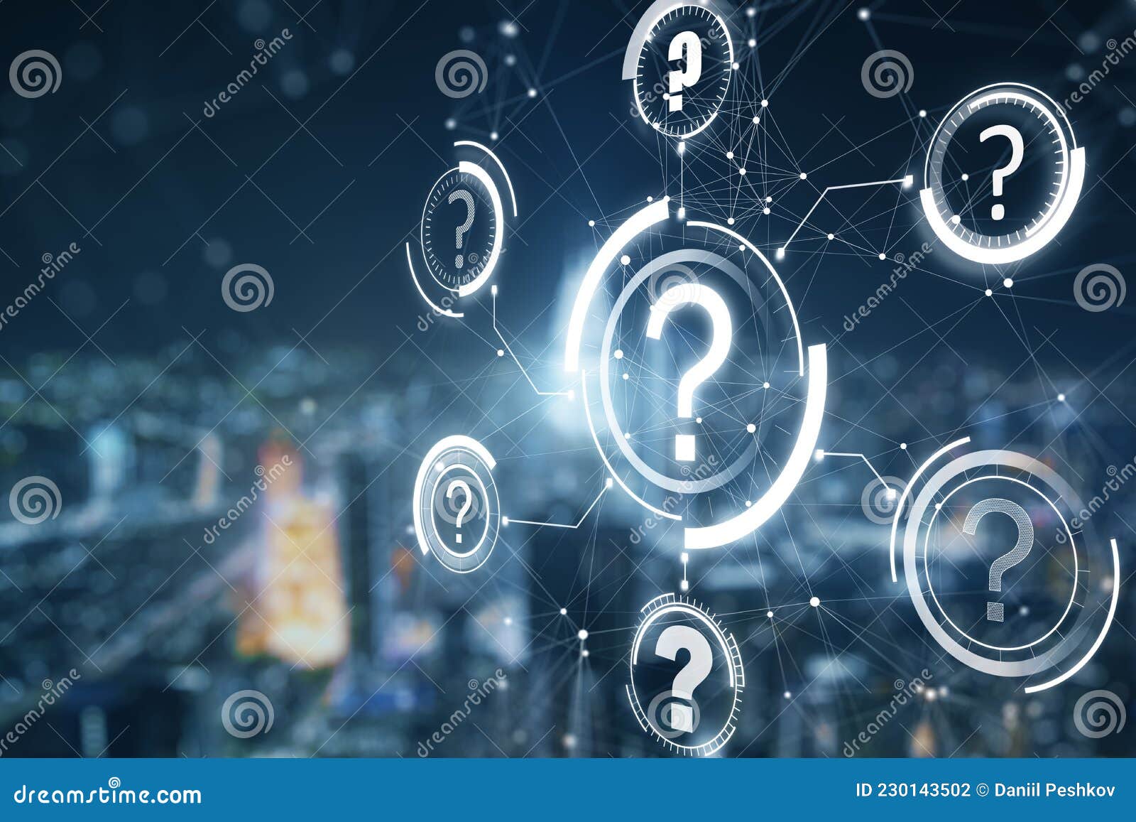 Abstract Glowing Question Marks Interface on Blurry Night City ...