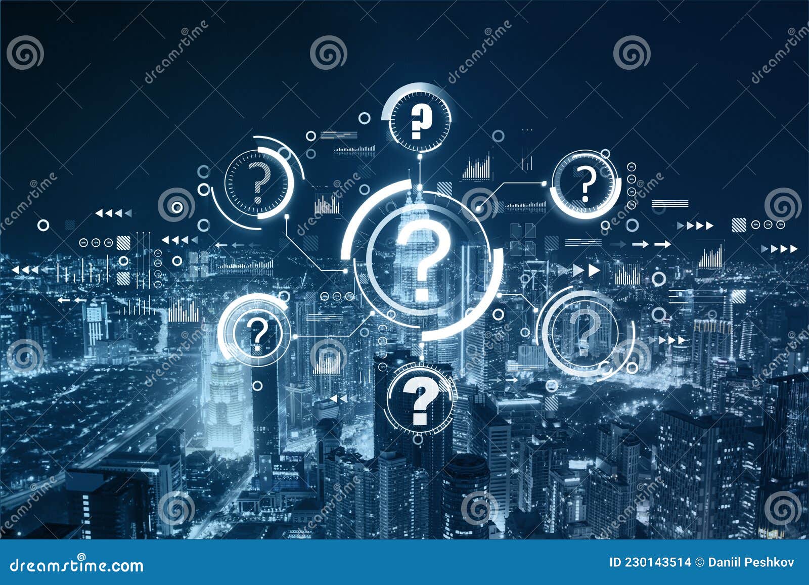 Abstract Glowing Question Marks Interface on Blurry Night City ...