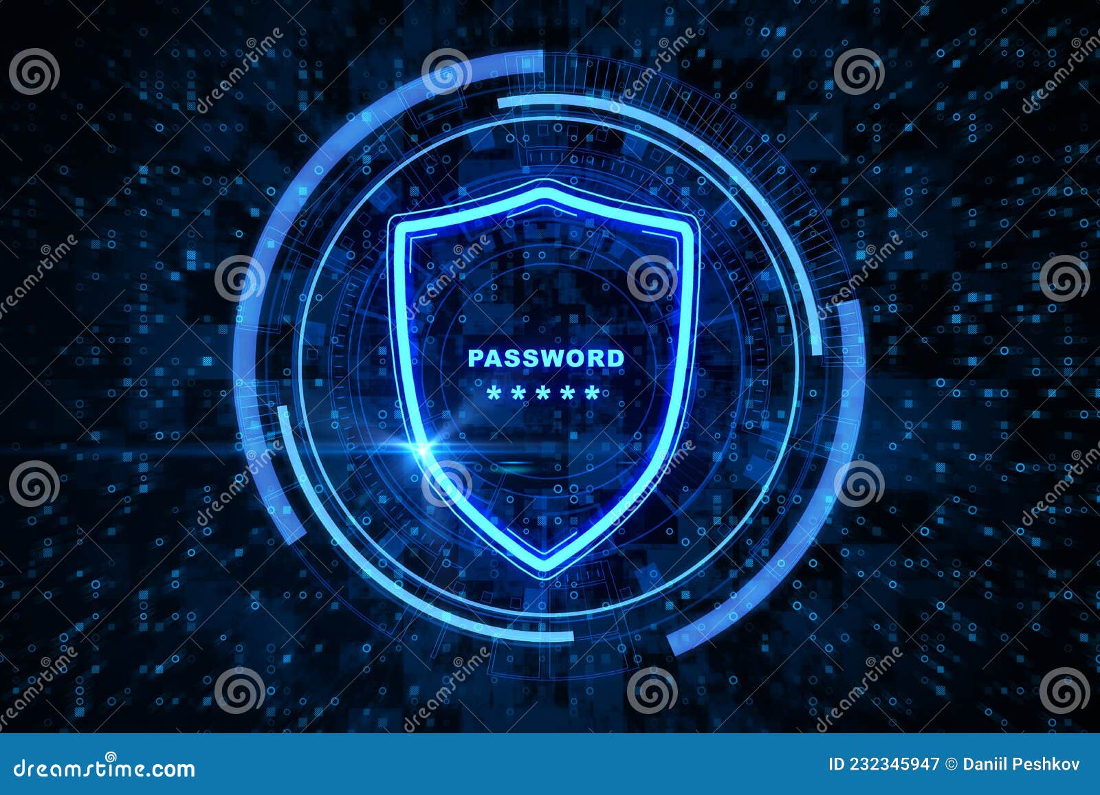 Abstract Glowing Shield with Password Icon on Dark Binary Code Background. Login, Database and ...