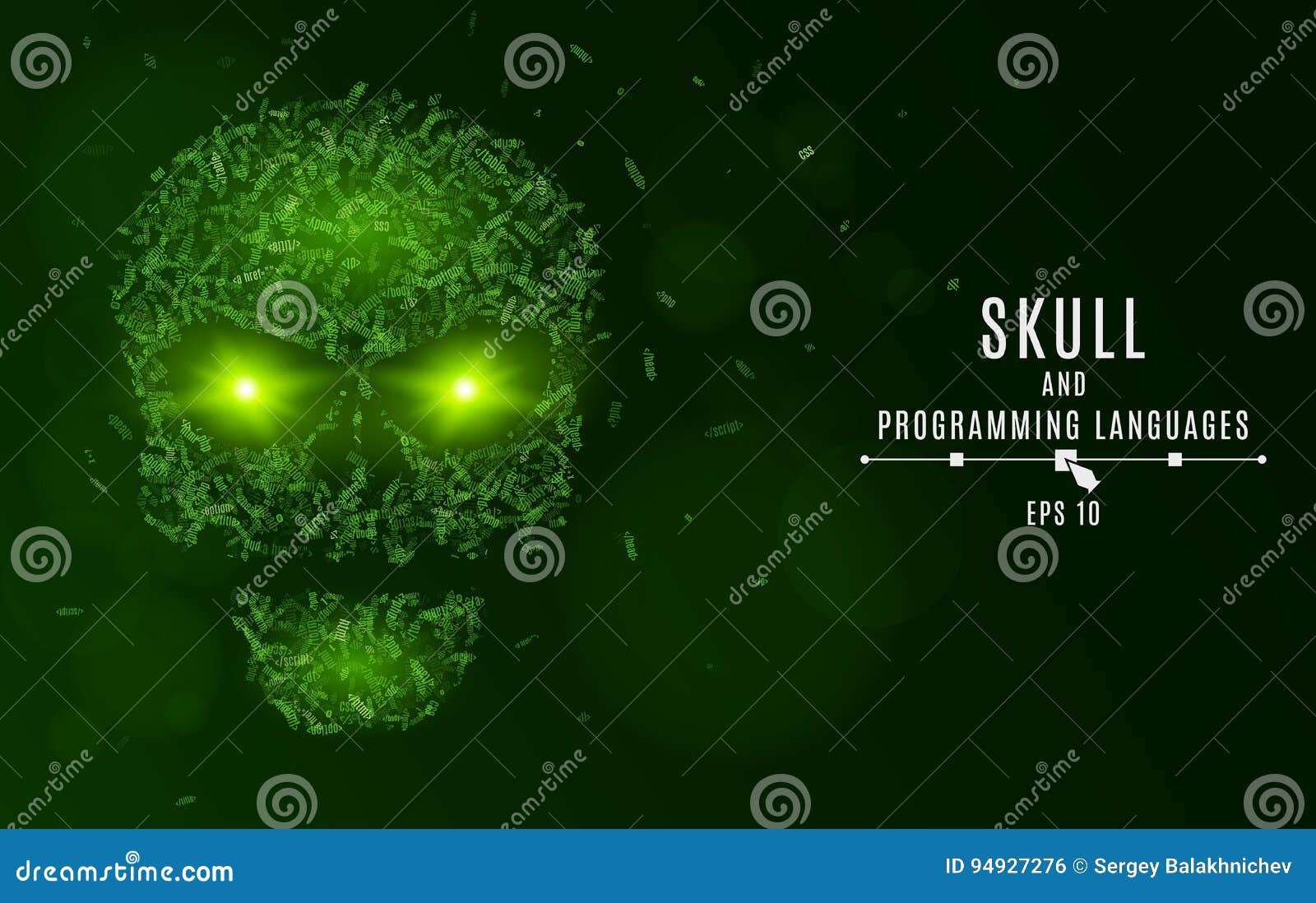 Abstract Glowing Skull of Green Color from the Symbols. Tags of ...