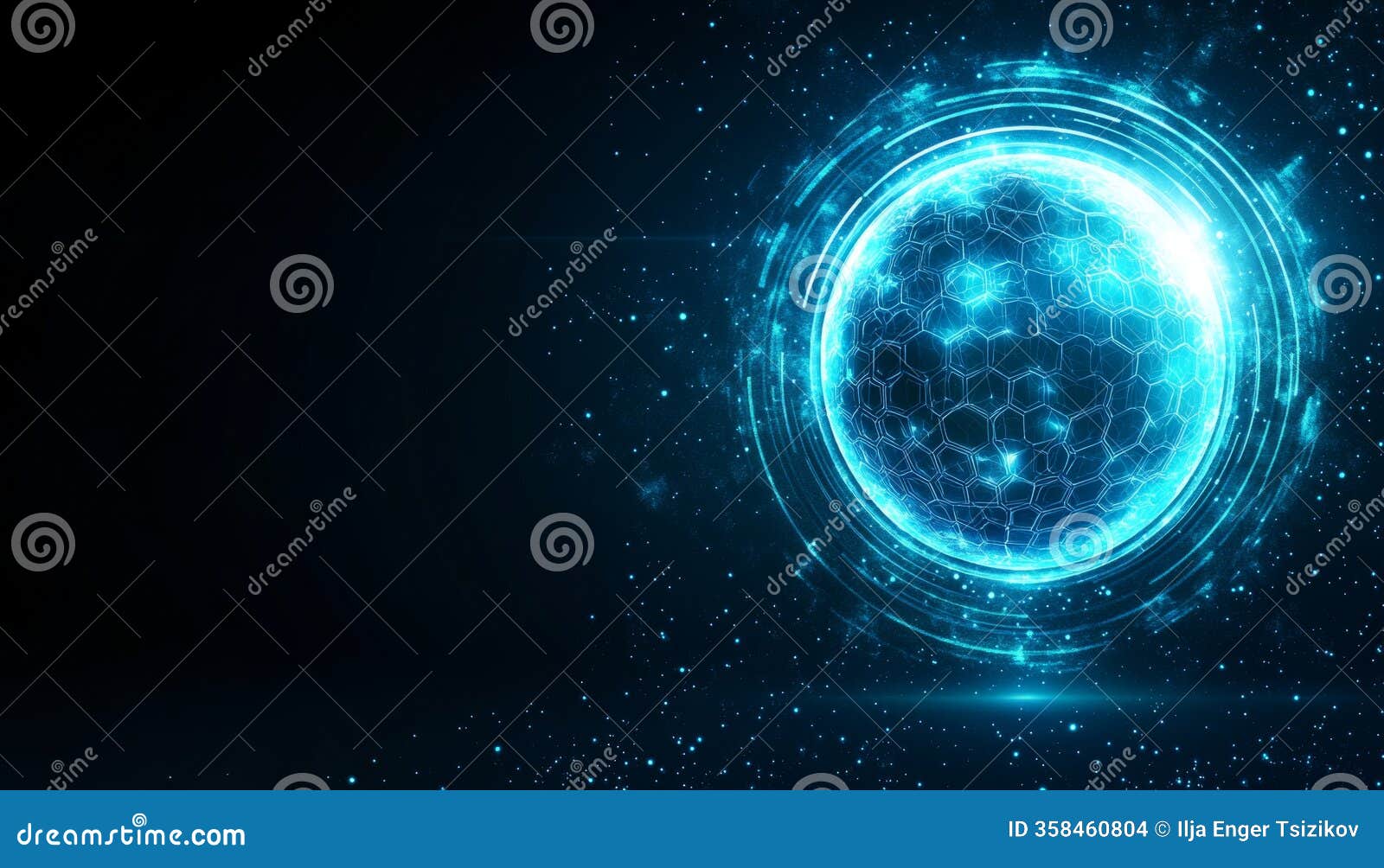 Abstract Glowing Sphere with Hexagon Grid Network on Dark Background ...
