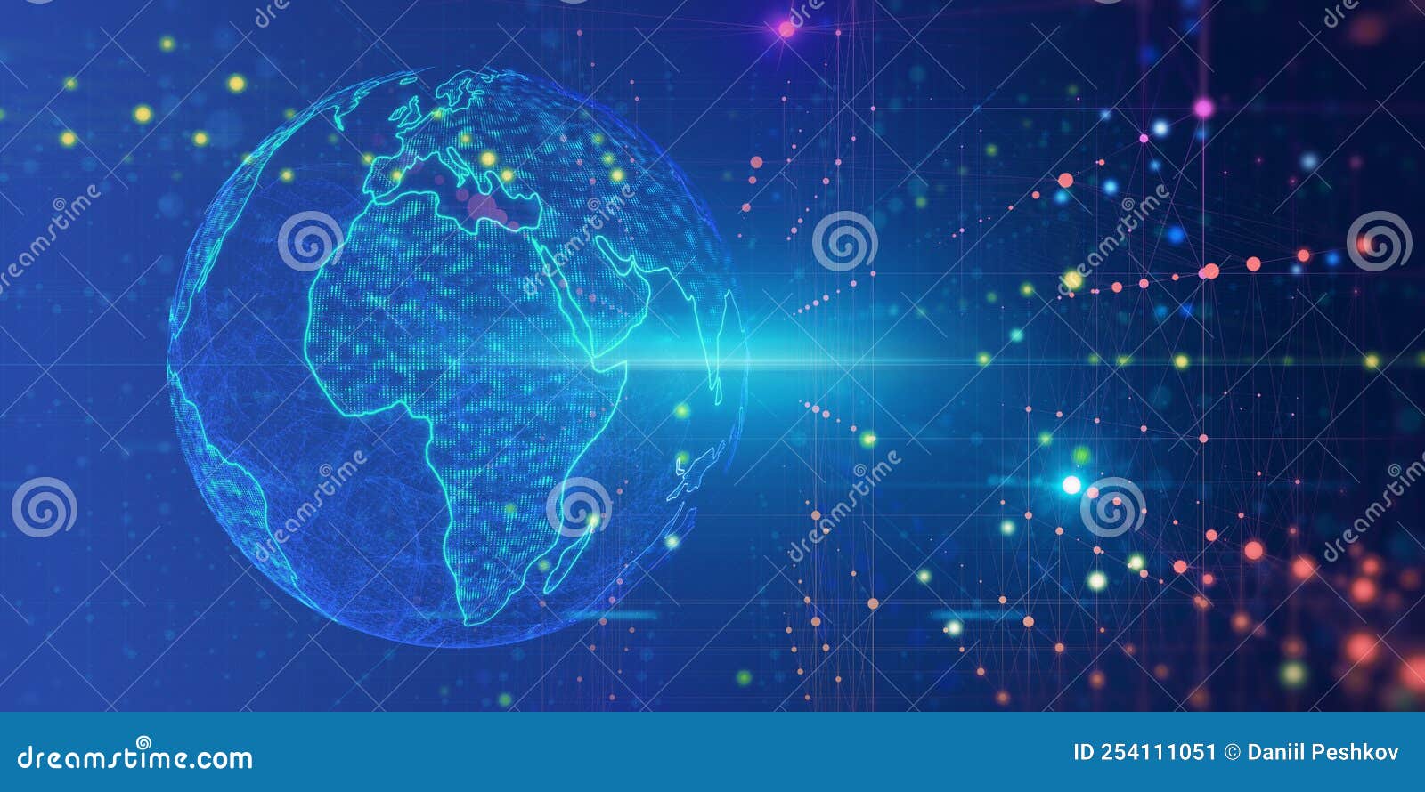 Abstract Glowing Wide Blue Metaverse Globe Hologram with Grid on Blurry ...