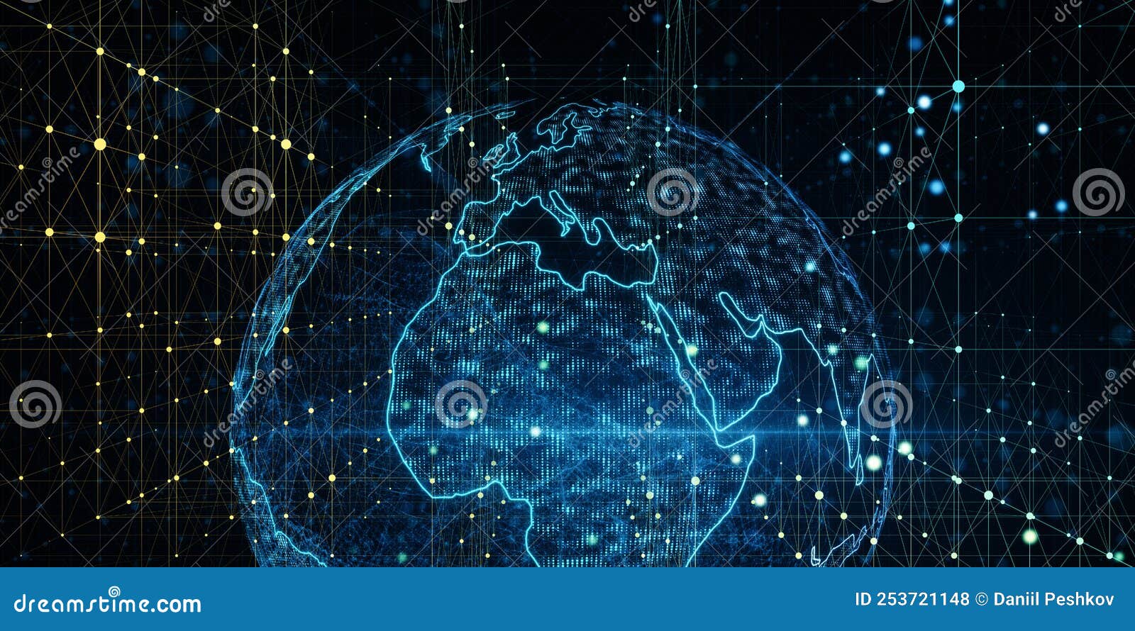 Abstract Glowing Wide Blue Metaverse Globe Hologram with Grid on Blurry ...