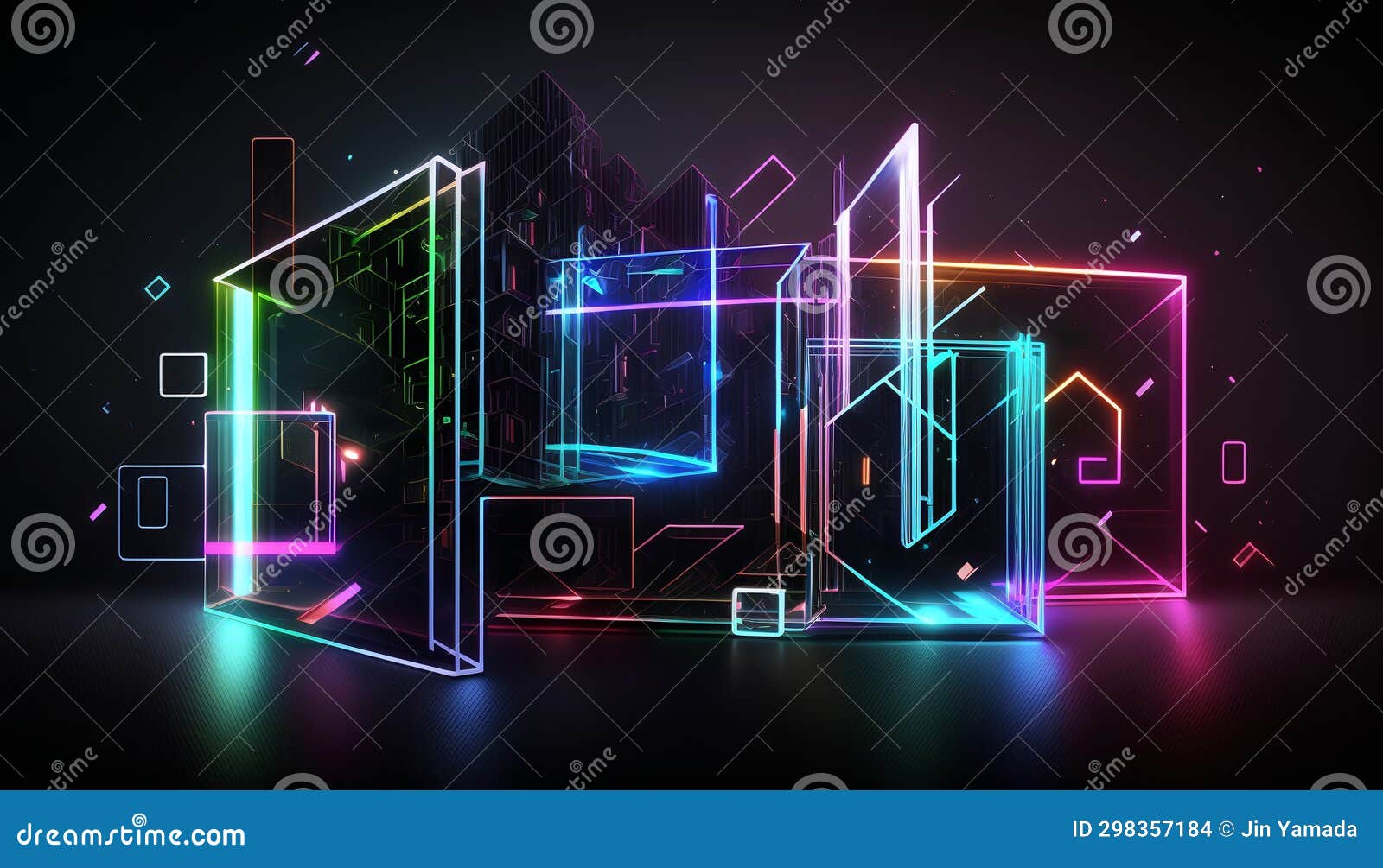 Abstract Glowing Wireframe Building on Dark Background. 3D Rendering ...