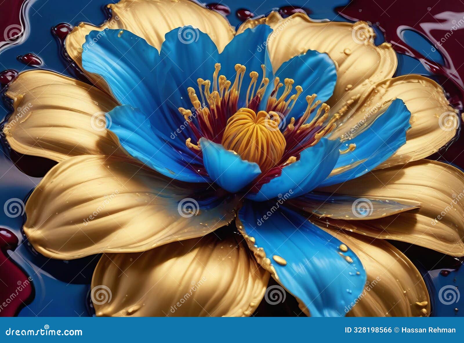 Abstract Gold Background with Blue Liquid Flower Stock Illustration ...