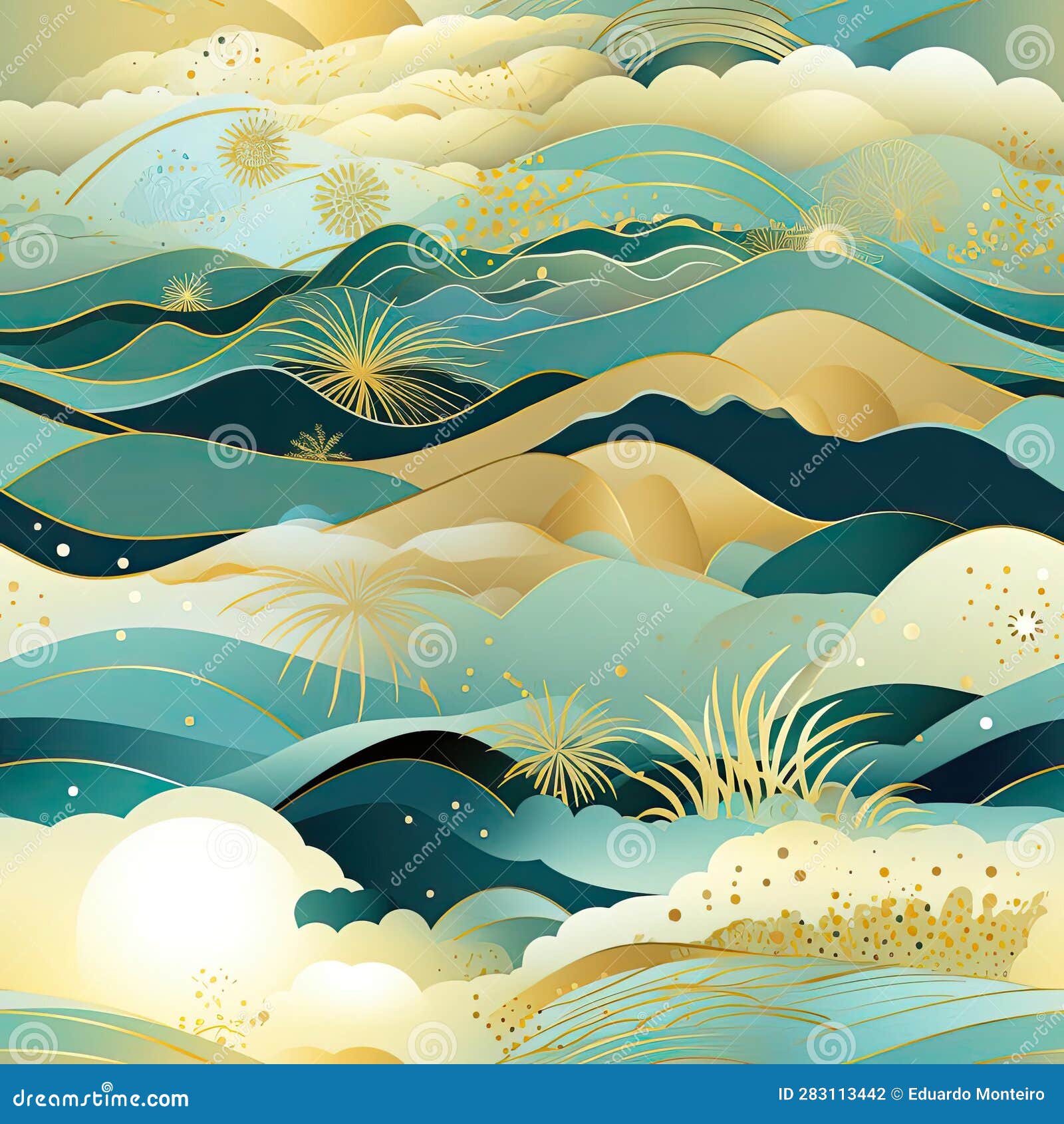 Abstract Gold and Blue Landscape with Clouds and Mountains (tiled ...