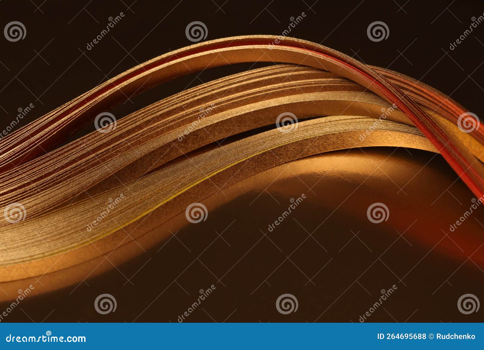 Abstract Gold Bronze Wave Lines Paper Ribbons on Black Empty Background ...