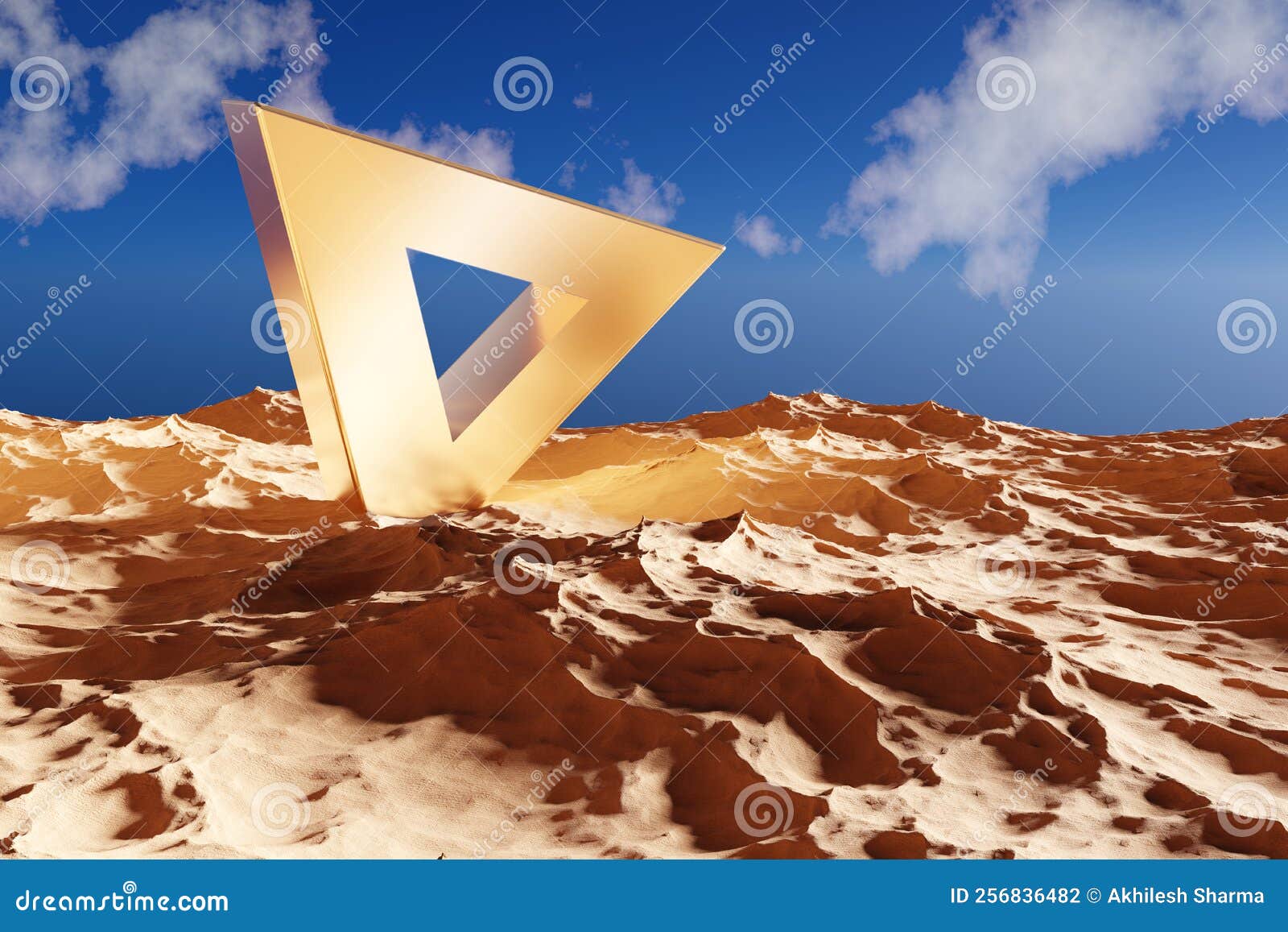 Abstract Gold Metal Triangle in Desert Sand - 3D Illustration Stock ...