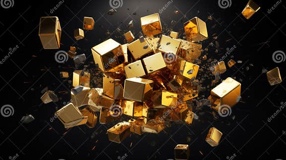 Abstract Golden Cubes Exploding in Dark Space Stock Illustration ...