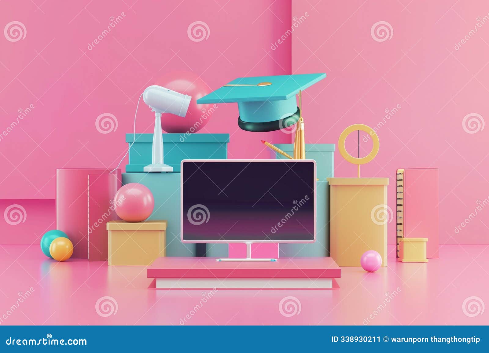 Abstract Graduation Hat with Computer Books on Pink Background. Online ...