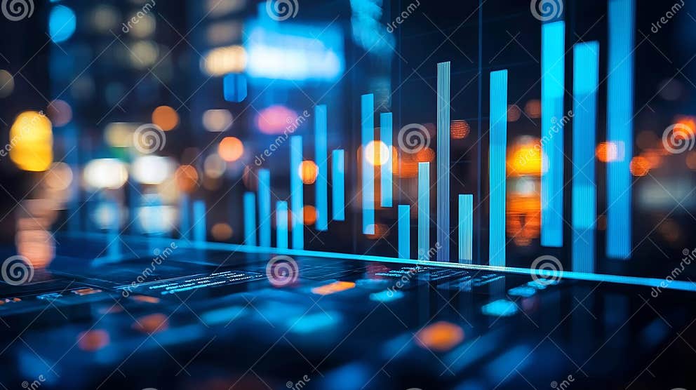 Abstract Graph on Digital Screen with Bokeh City Lights in the ...