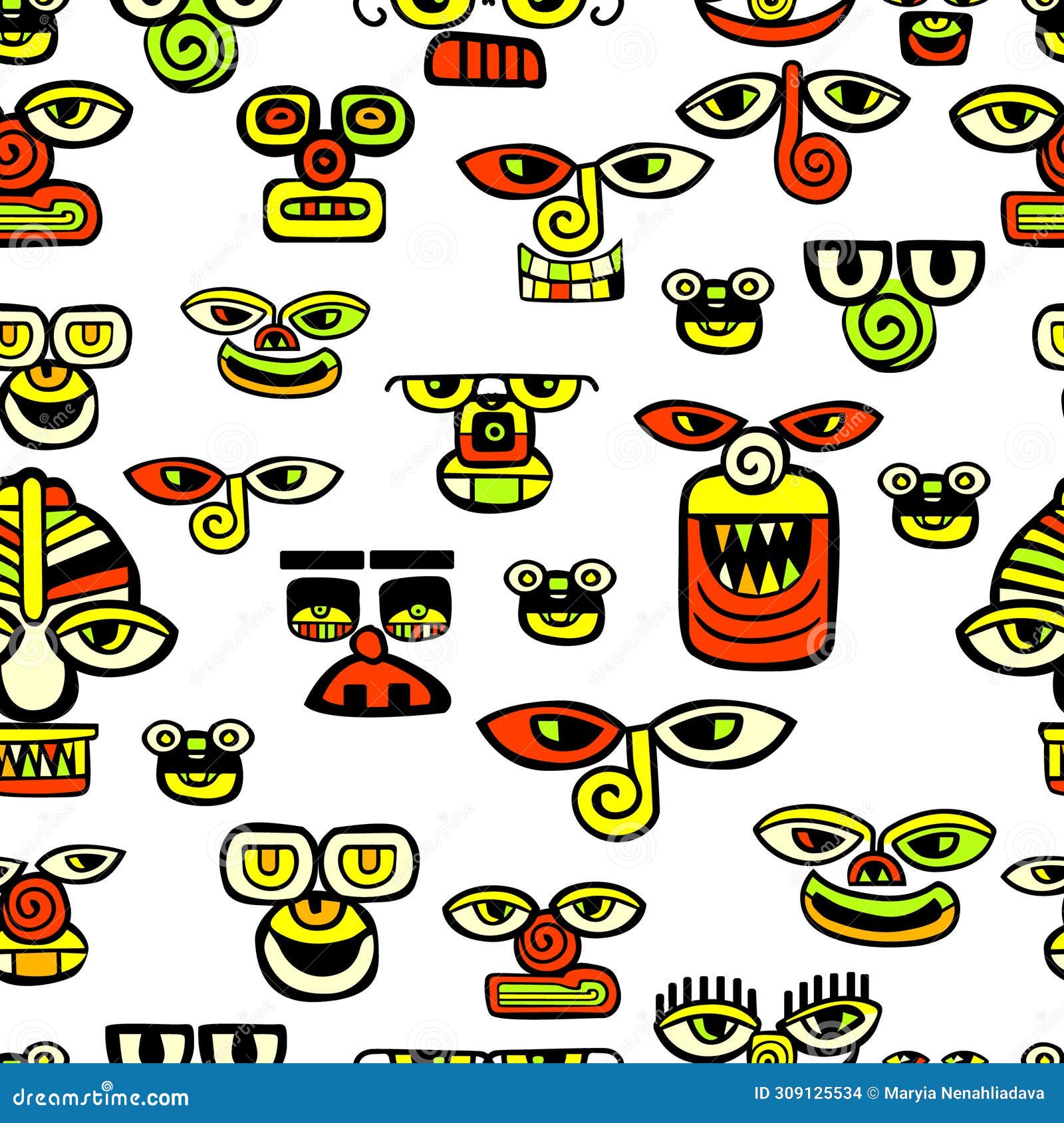 Abstract Graphic Colored Faces Seamless Pattern. Ancient Inca Mask ...