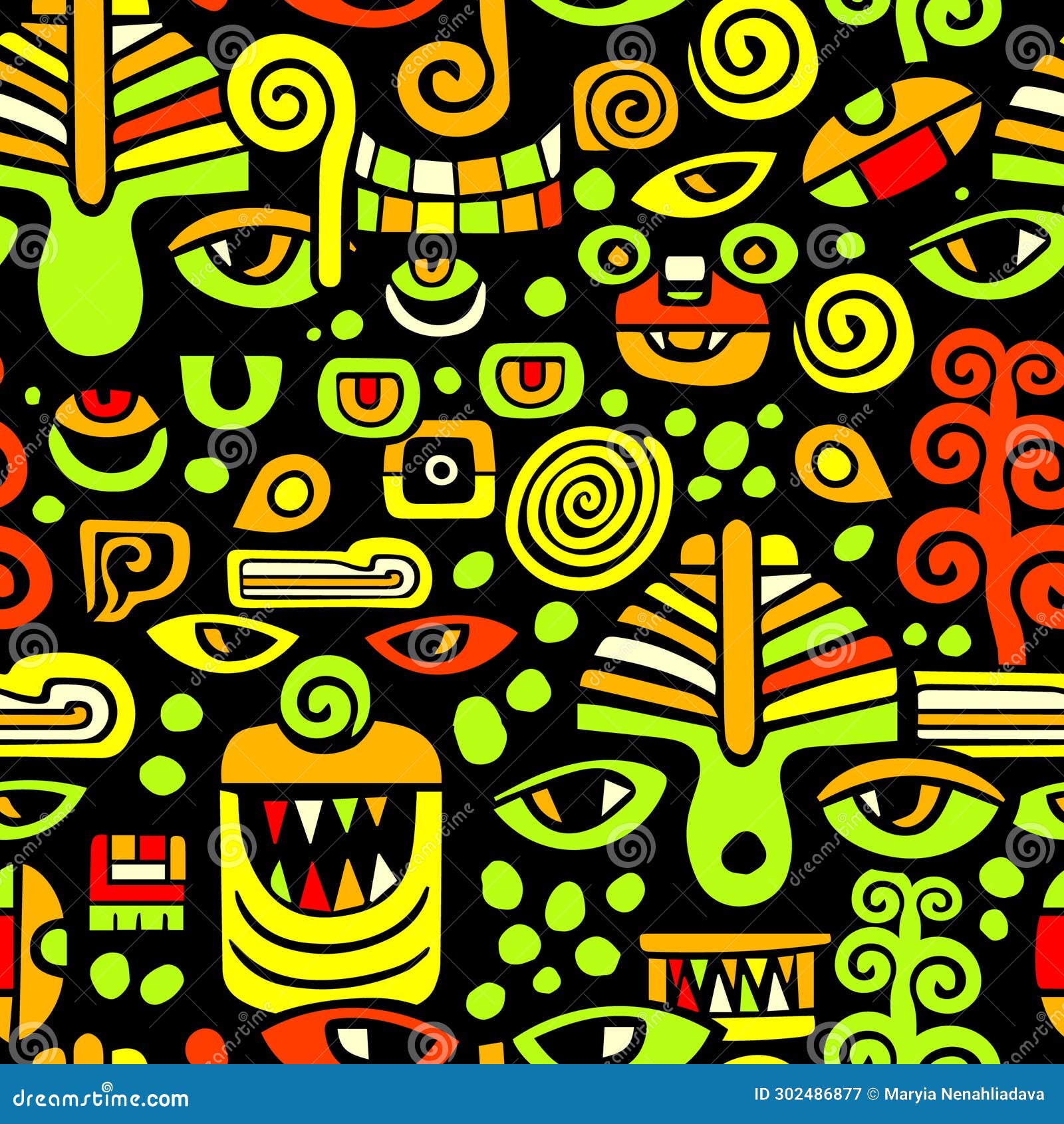 Abstract Graphic Colored Faces Seamless Pattern. Ancient Inca Mask ...