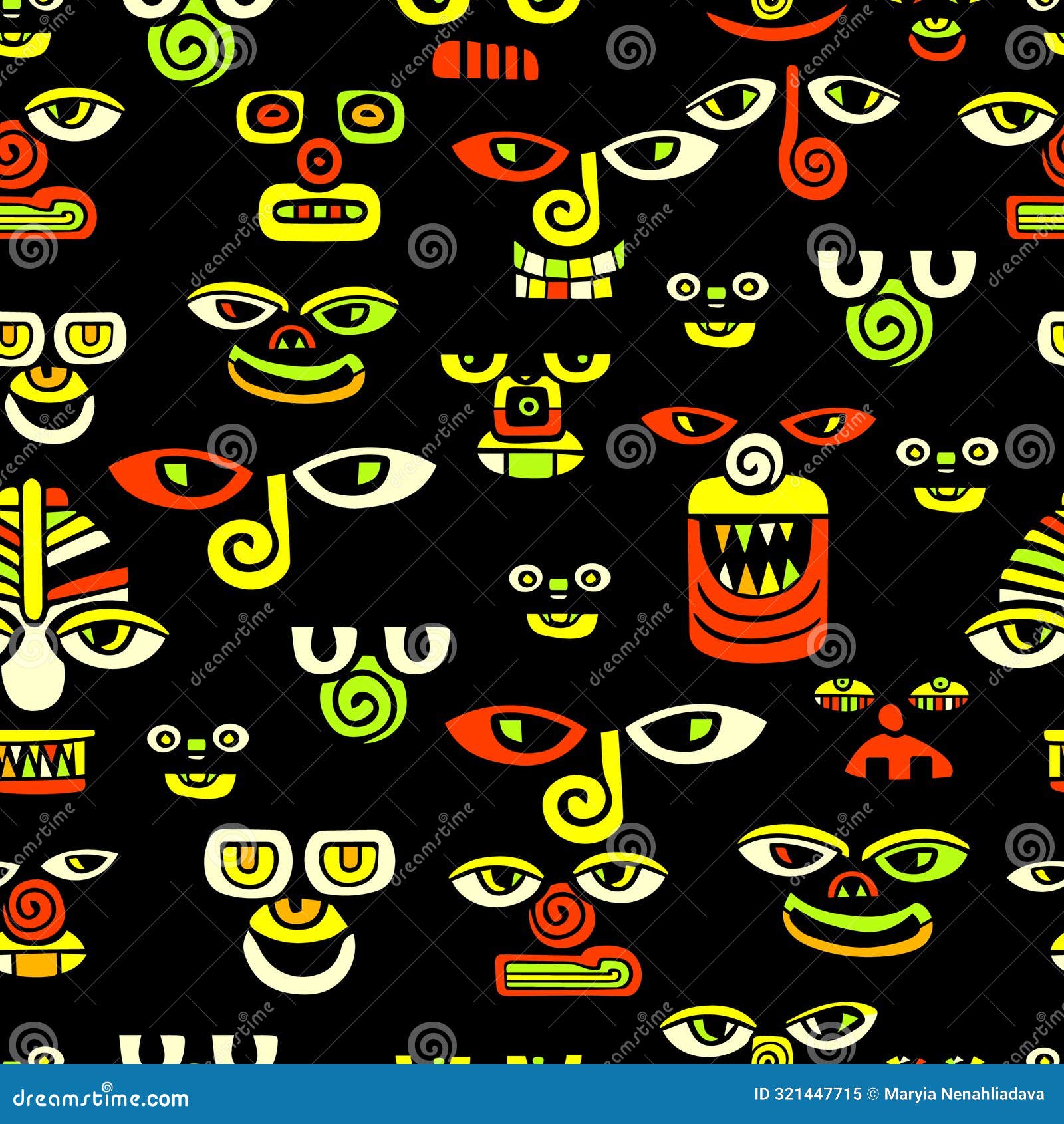 Abstract Graphic Colored Faces Seamless Pattern on a Black Background ...