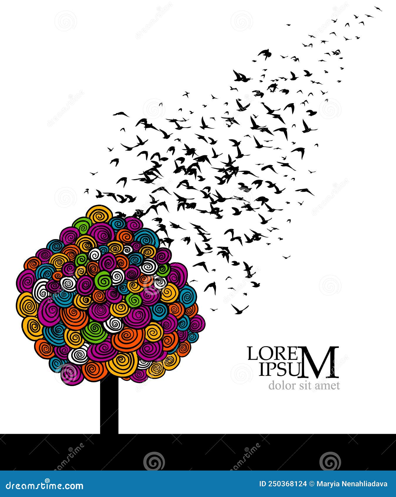 Abstract Graphic Tree with a Flock of Flying Birds. Vector Illustration ...