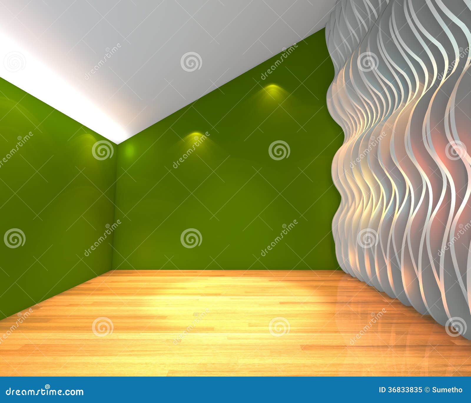 Abstract Green Empty Room with Wave Wall Stock Illustration ...