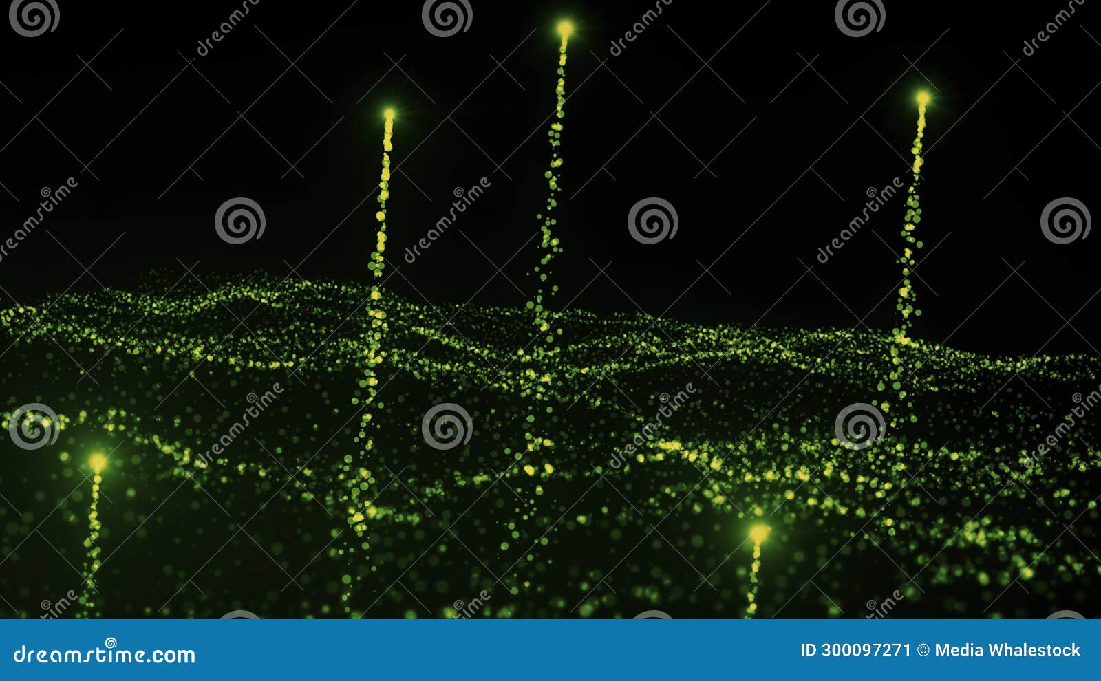 Abstract Green Shiny Futuristic Digital Space with Unique Dots and Flying Comets. Motion Stock ...