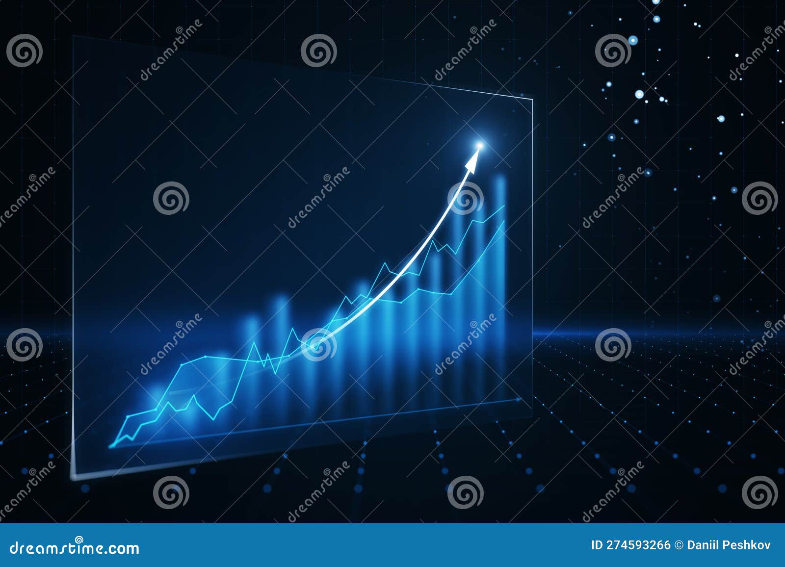 Abstract Growing Blue Business Chart with Arrow on Dark Grid Backdrop ...