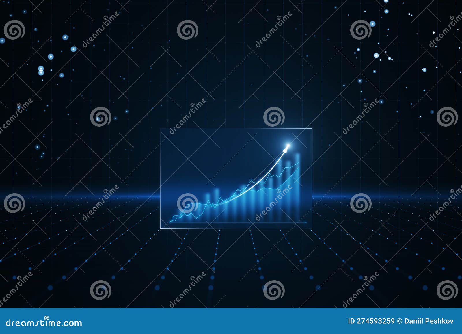 Abstract Growing Blue Business Chart With Arrow On Dark Grid Background ...