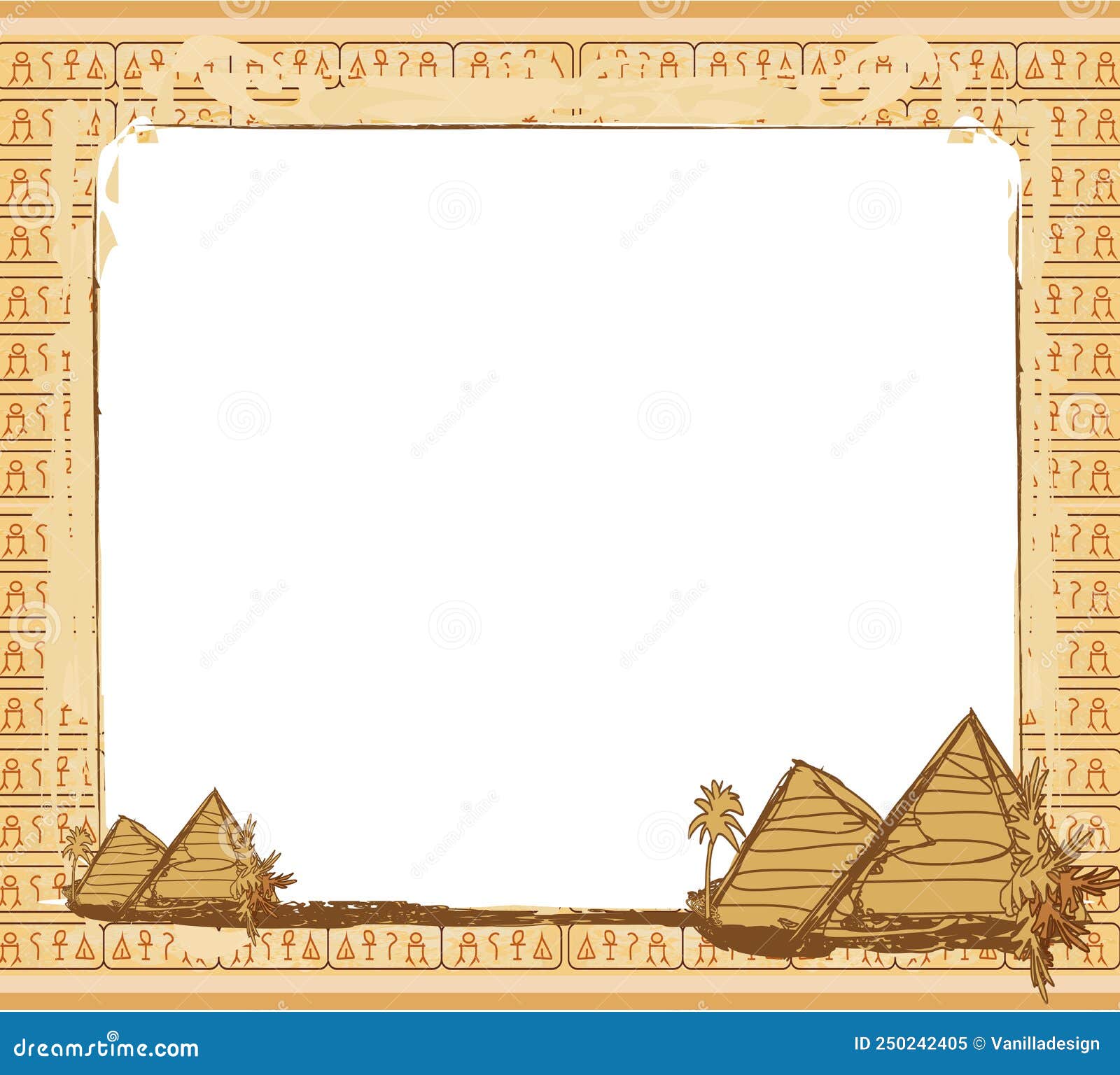 Abstract Grunge Frame - Pyramids, Hieroglyphs and Palm Trees Stock ...
