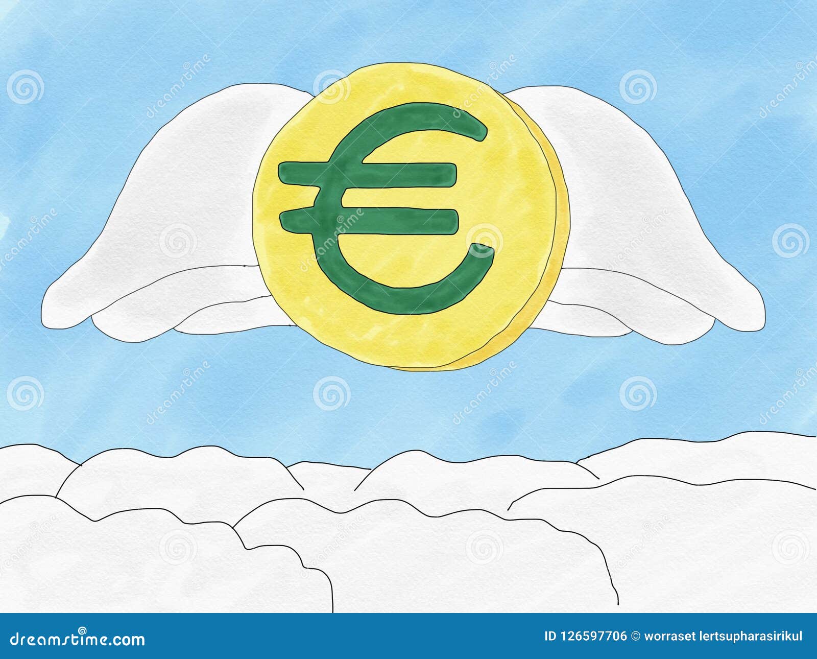 Abstract Hand Draw Doodle Euro Coin with Wings on Sky Background, Weak ... Abstract Hand Draw Doodle Euro Coin with Wings on Sky Background, Weak ...