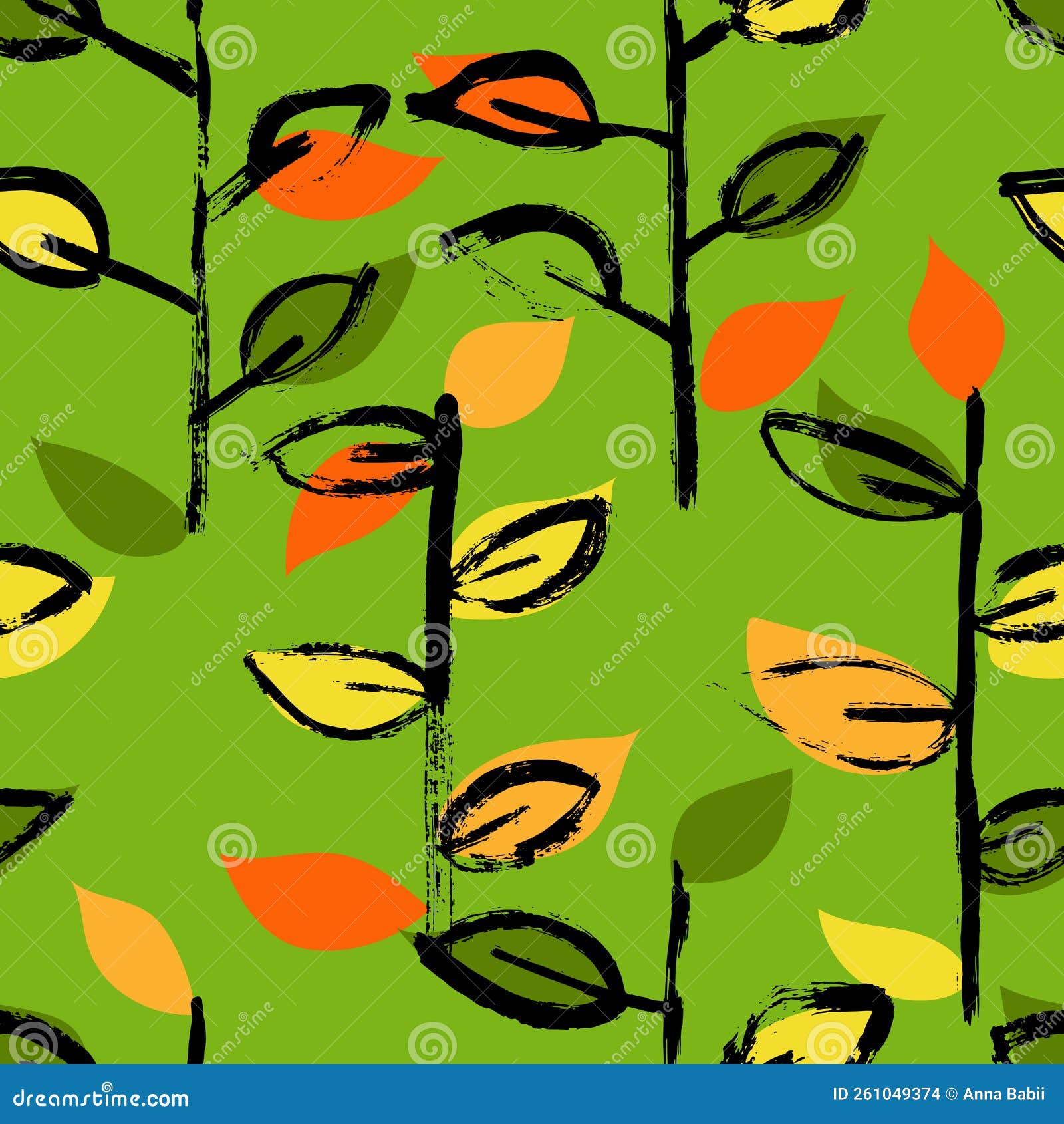 Abstract Hand Drawn Dry Brush Vector Seamless Leaves Pattern Stock ...