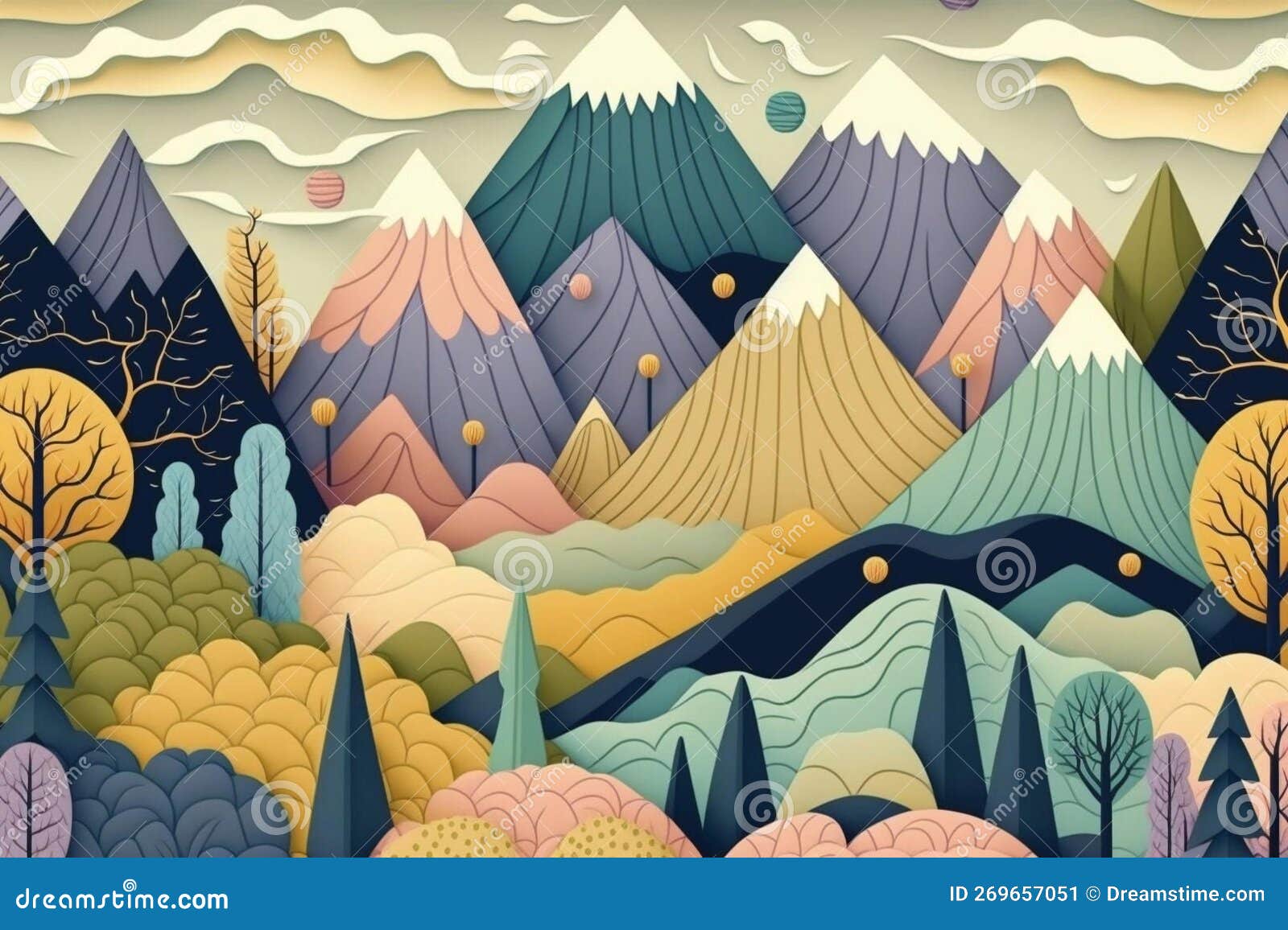 Abstract Hand Drawn Pattern of Landscape with Mountains. Stock ...