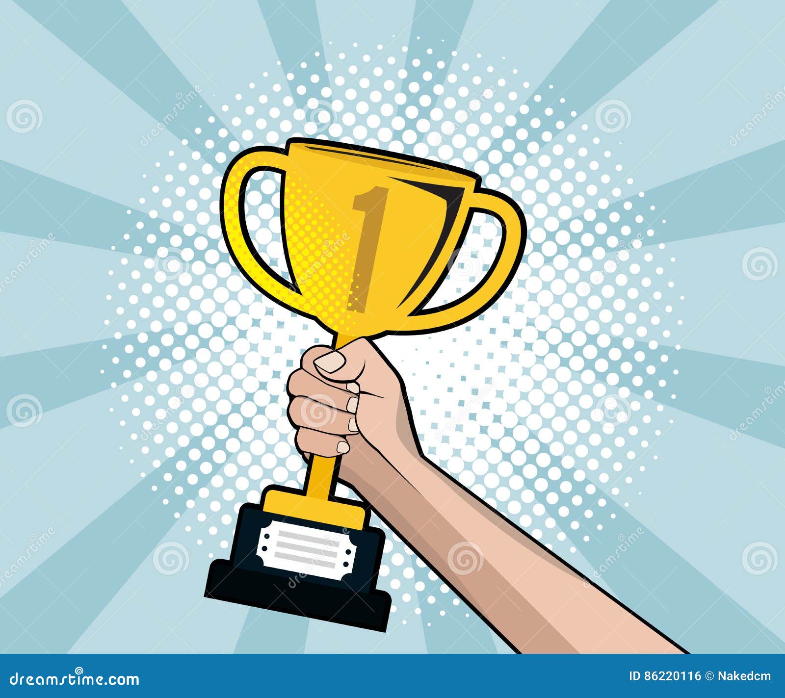 Abstract Hand Holding Gold Trophy With Half Tone Background Stock