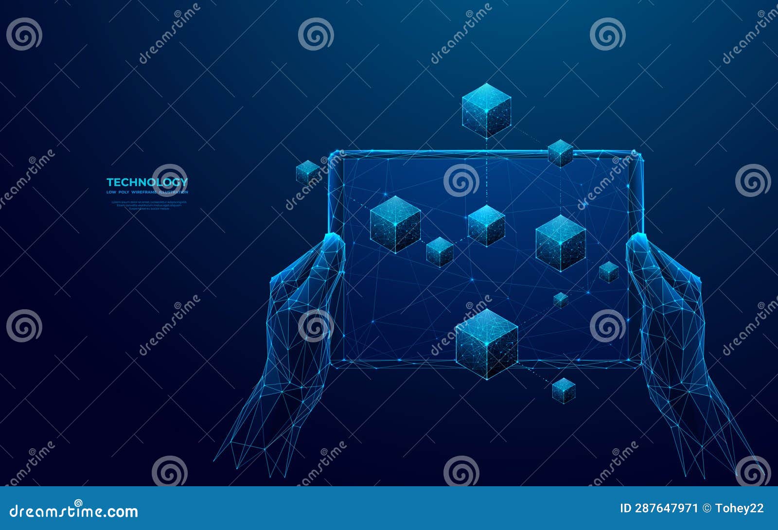 Abstract Hands Holding Tablet with Linked Blocks on an Empty Screen ...