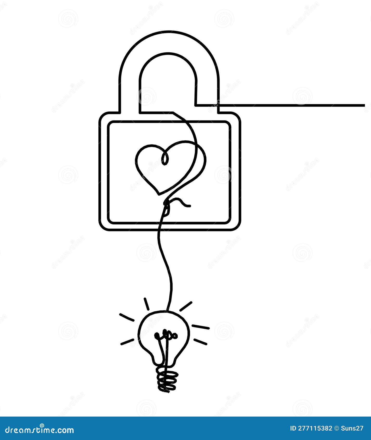 Abstract Heart-lock with Light Bulb As Continuous Line Drawing on White ...
