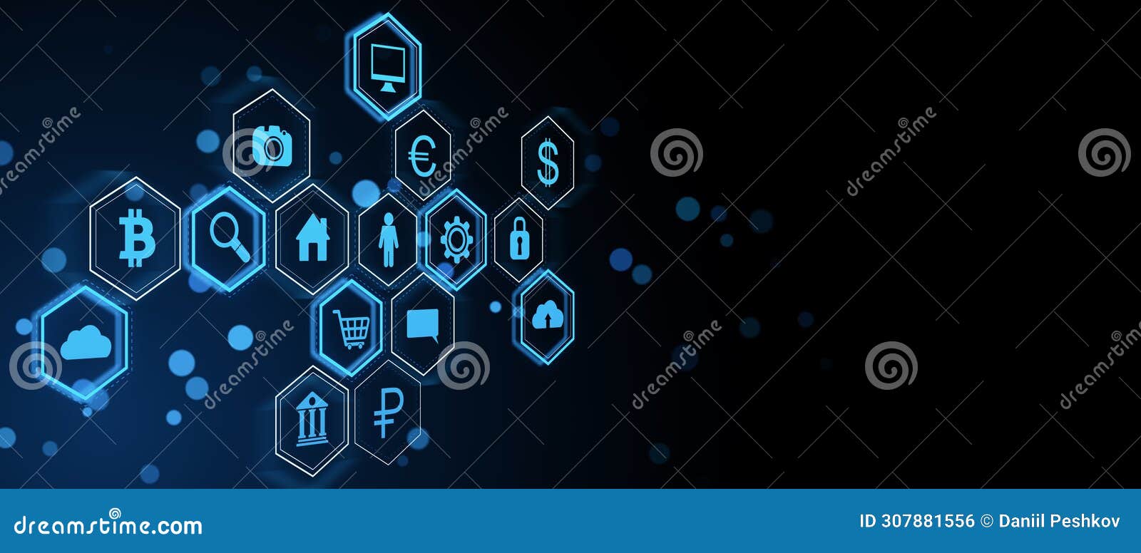 Abstract Hexagonal Pattern Hologram with Various Business Icons on Wide ...