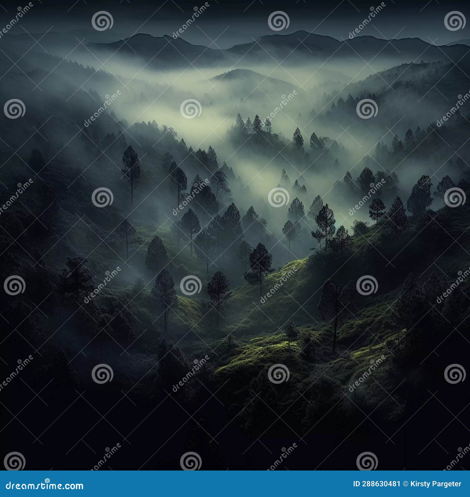 Abstract Hills and Trees Landscape with Misty Atmosphere Stock ...